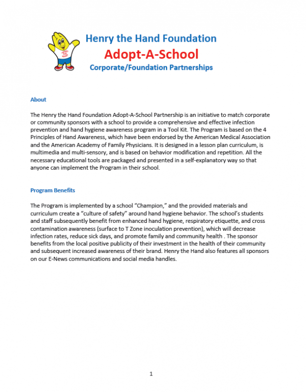 Adopt-A-School Infection Prevention Programs | Henry The Hand